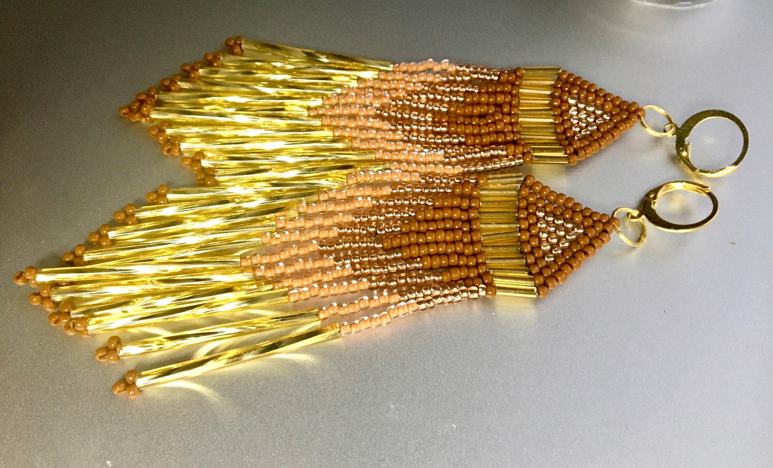 Long Gold Brown Seed Beads Beaded Feather Stile Gold Findings - Etsy ...