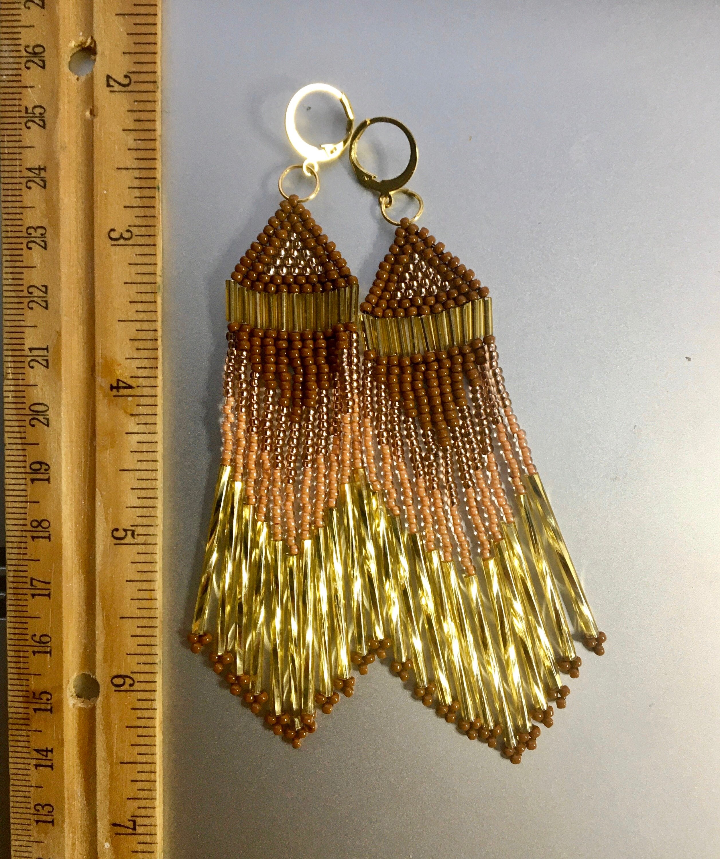 Long Gold Brown Seed Beads Beaded Feather Stile Gold Findings - Etsy ...