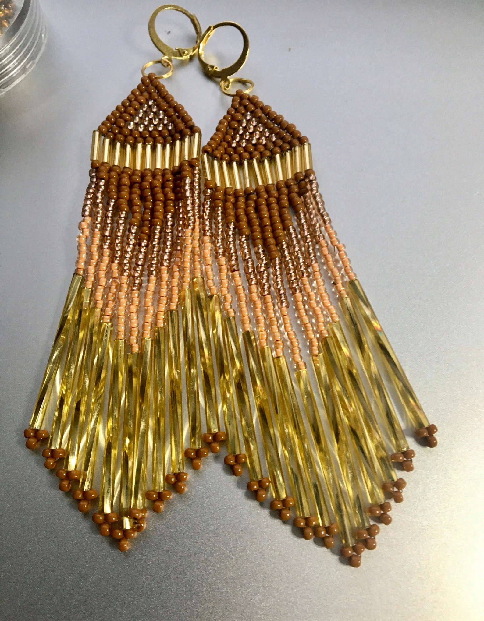 Long Gold Brown Seed Beads Beaded Feather Stile Gold Findings - Etsy ...