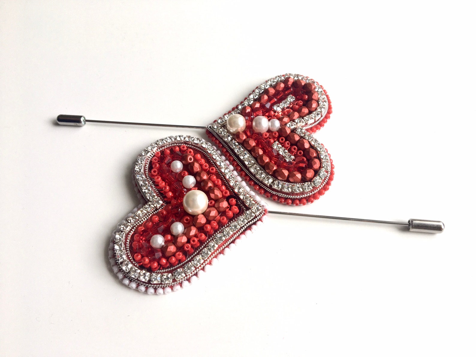 Red White Embroidered Beaded Heart Pin Brooch. Christmas Gift for Her ...