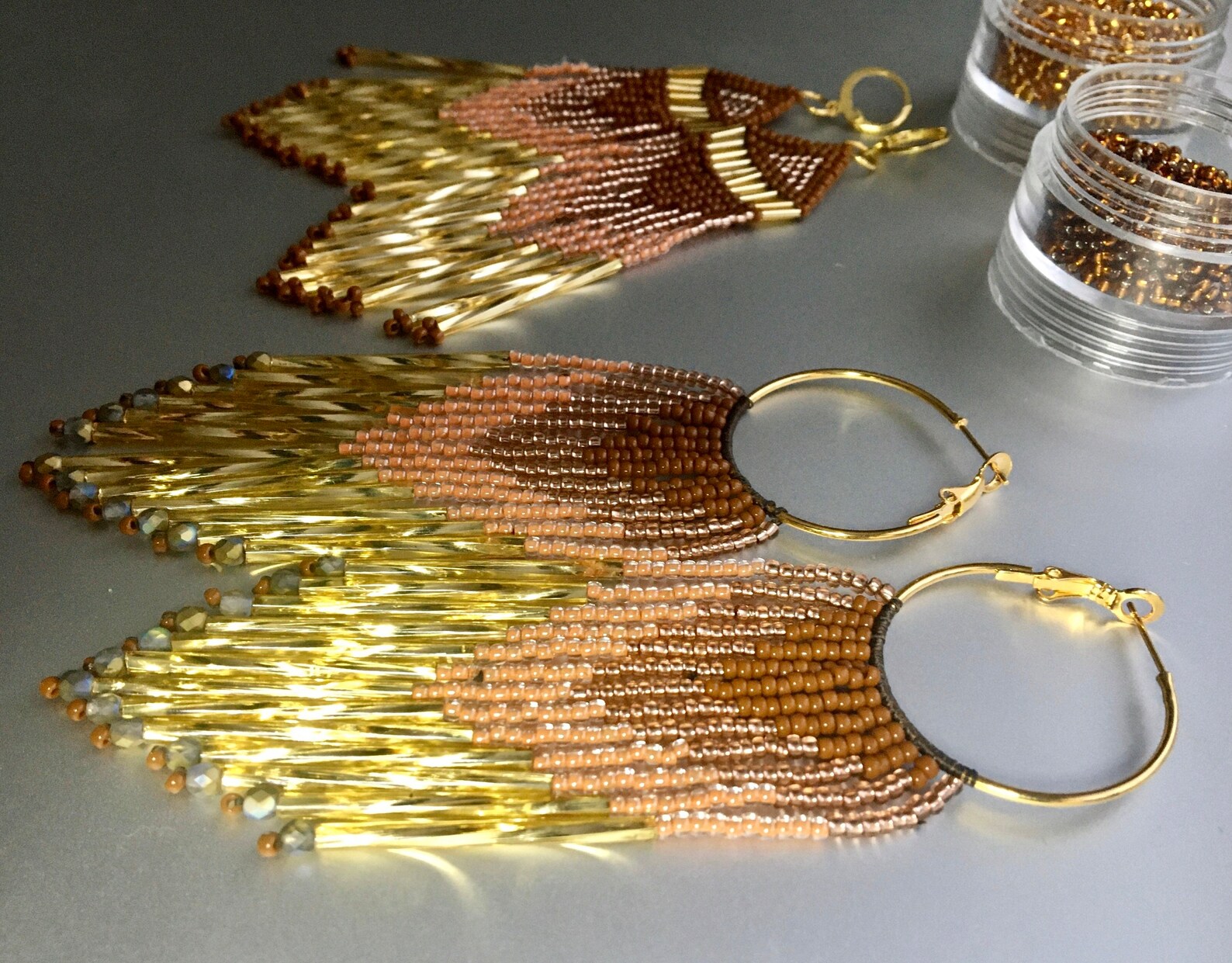 Long Gold Brown Seed Beads Beaded Feather Stile Gold Findings - Etsy ...