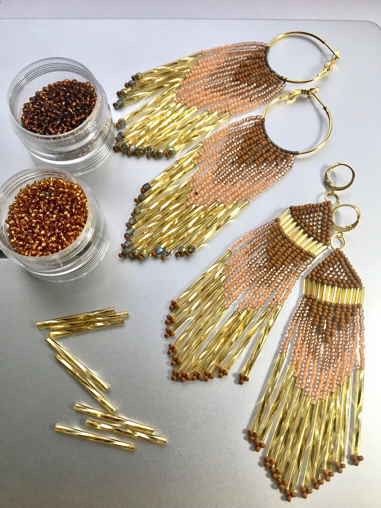 Long Gold Brown Seed Beads Beaded Feather Stile Gold Findings - Etsy ...