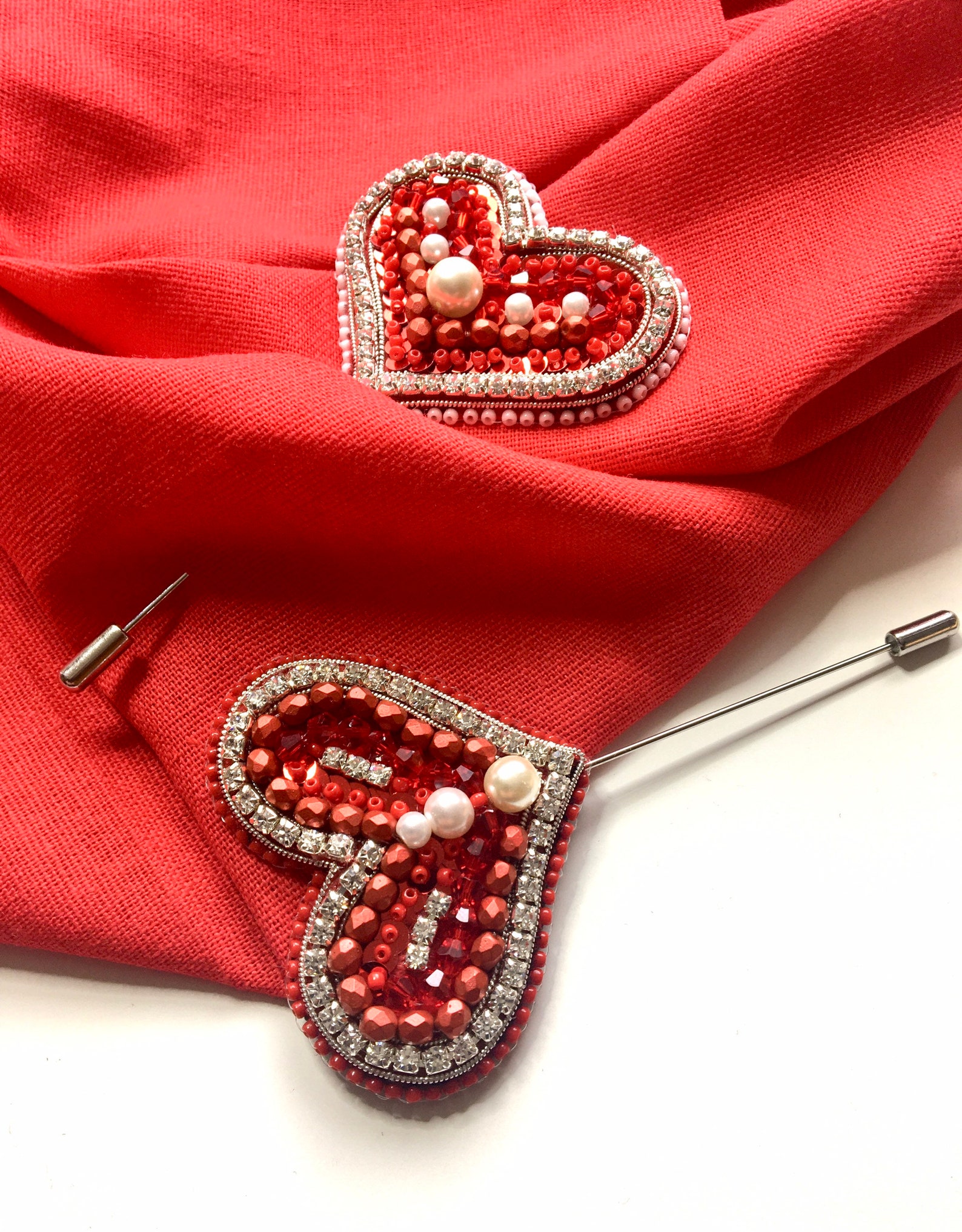 Red White Embroidered Beaded Heart Pin Brooch. Christmas Gift for Her ...
