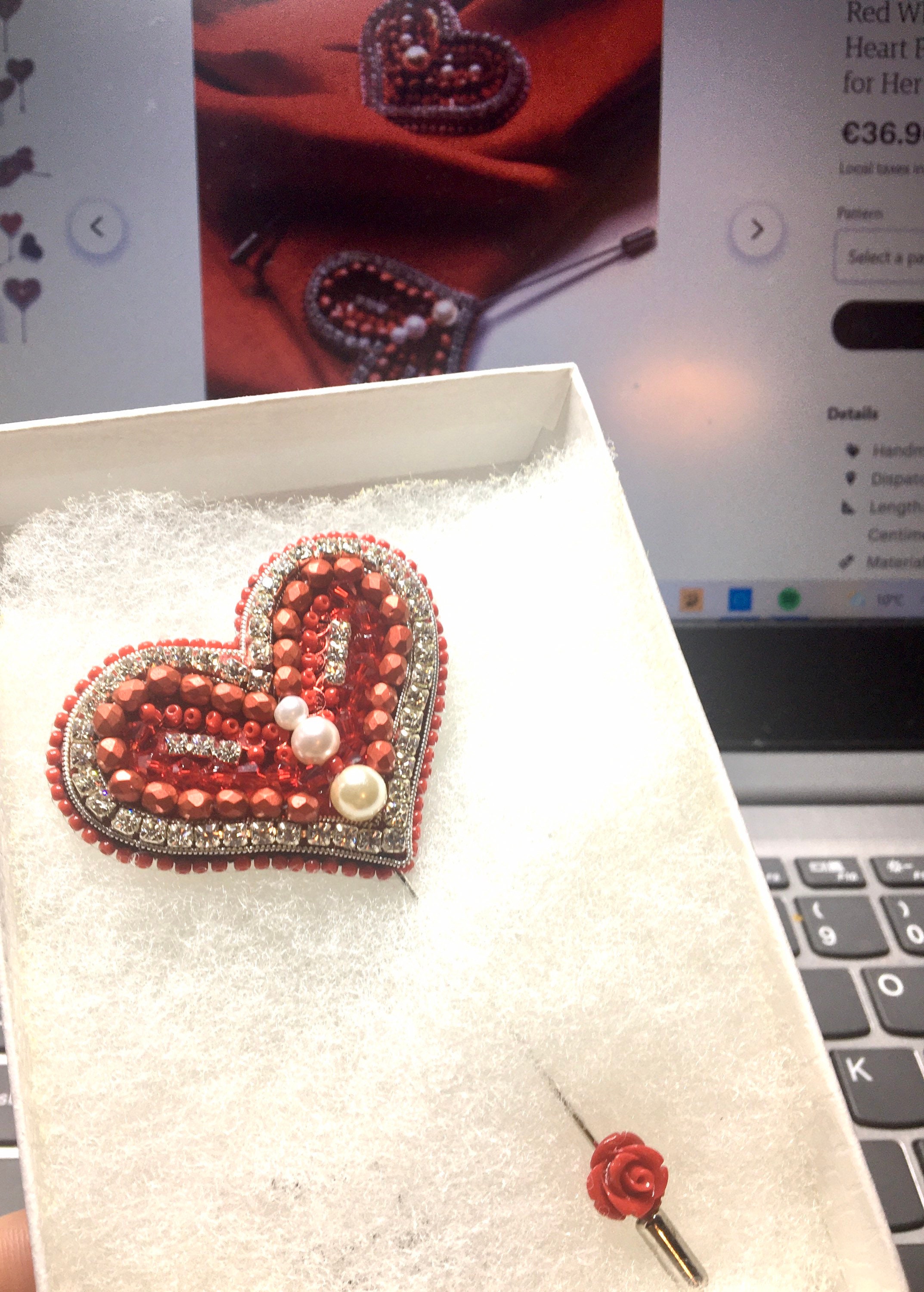 Red White Embroidered Beaded Heart Pin Brooch. Christmas Gift for Her ...