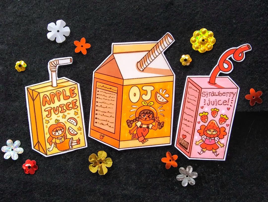 Small Cute Juice Box Girls Waterproof Stickers - Orange Juice, Apple ...