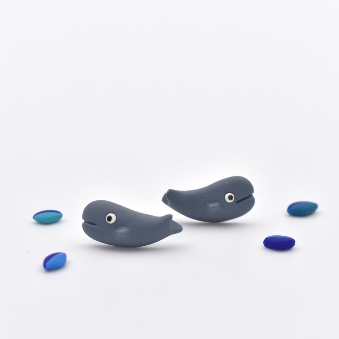 Sperm Whale Earrings, Hand Shaped in Blue Grey Polymer Clay, Fun Ocean ...