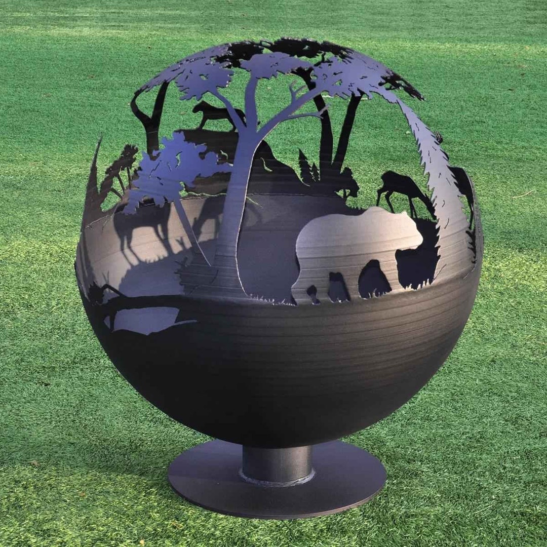Peronalized Sphere Fire Pit 20" Nature & Wild Animals, Black Globe Fire ...
