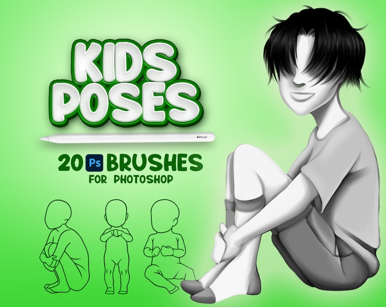 20 Photoshop Kids Poses Brushes, Adobe Fresco Children Poses Brush ...