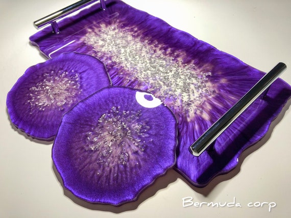 Set of Resin Tray and Round Coasters Luxury Purple Decorative | Etsy