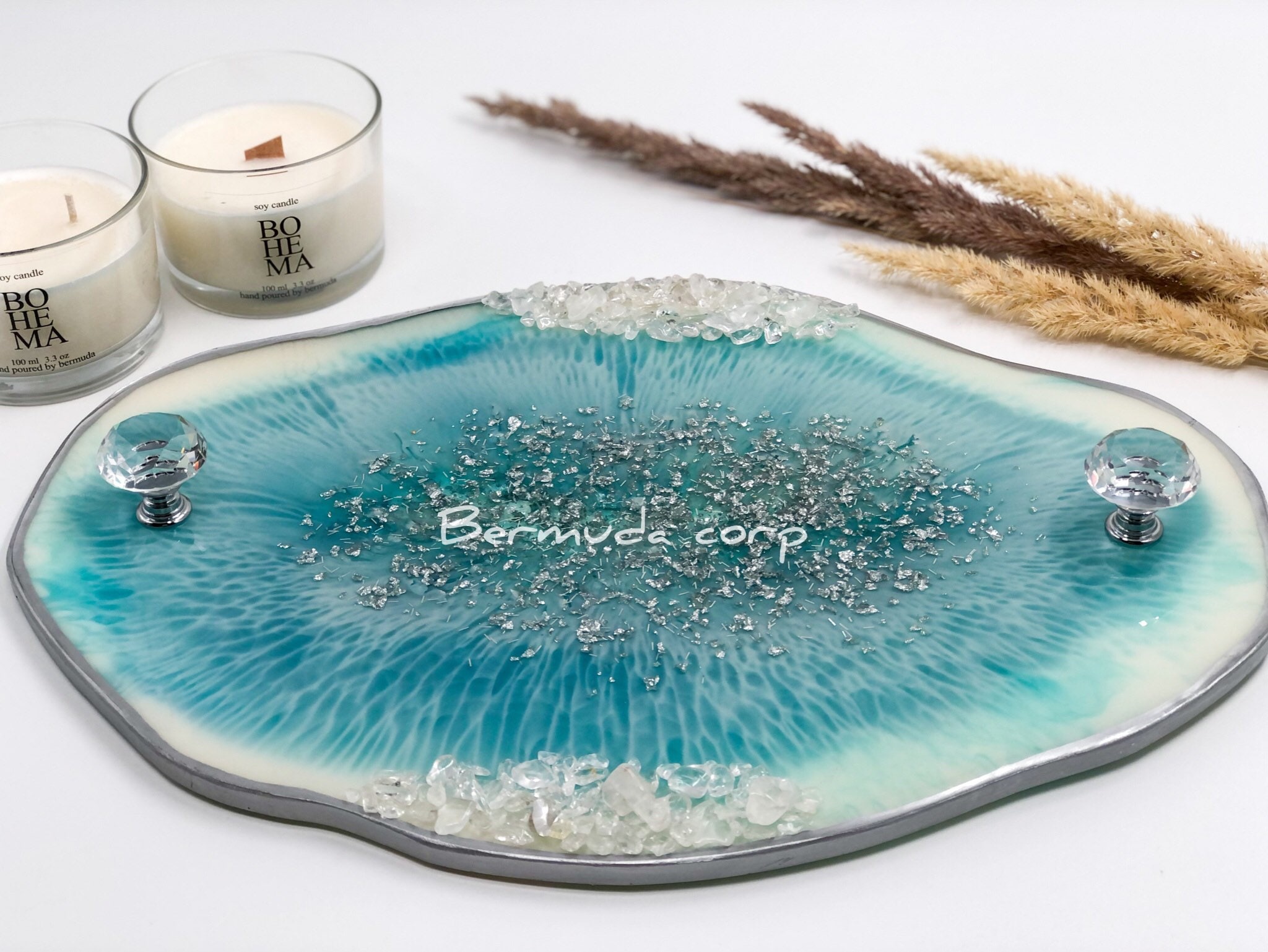 Resin Oval Blue and Silver Perfume Tray With Handles / Epoxy - Etsy