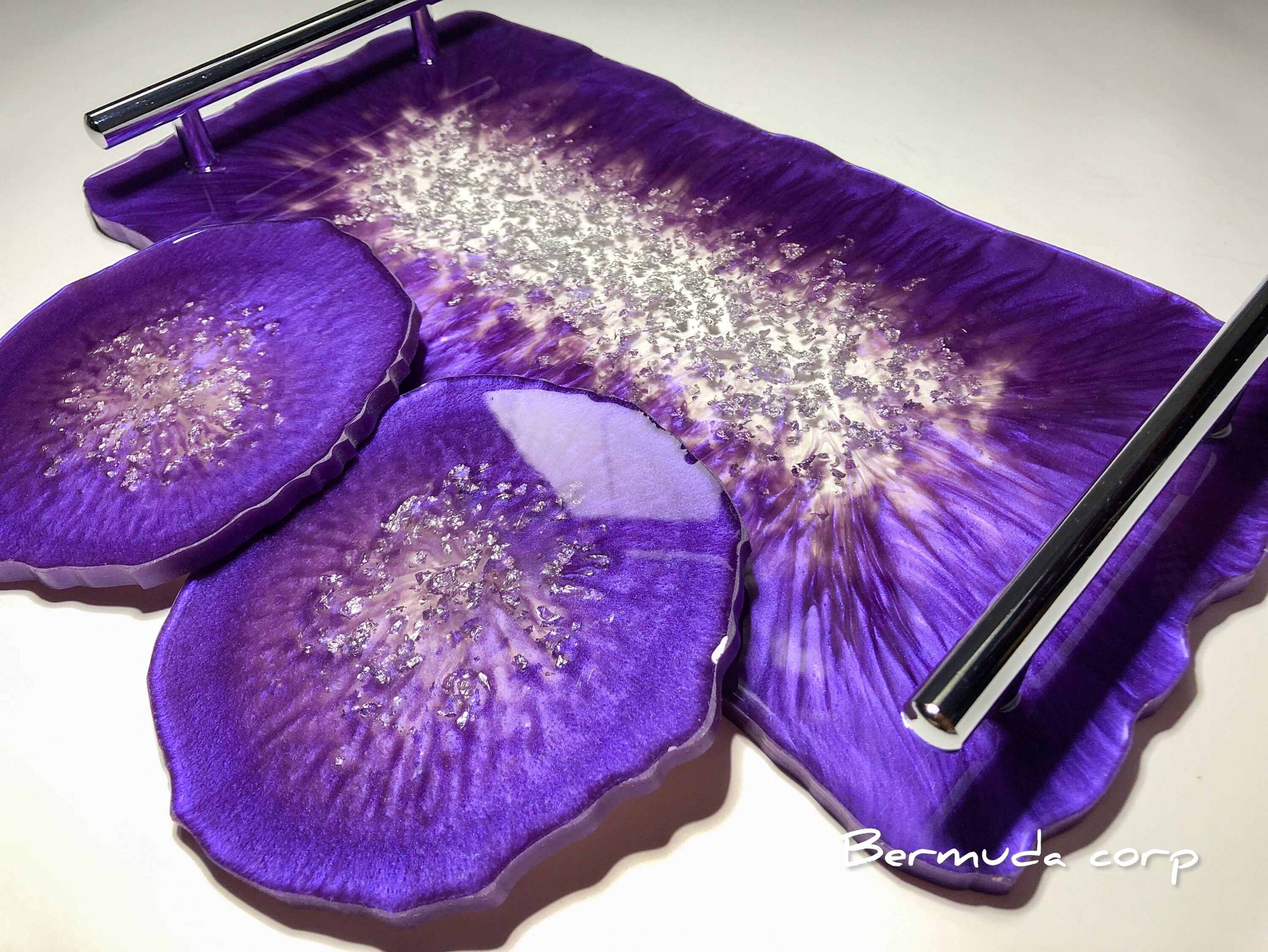 Set of Resin Tray and Round Coasters, Luxury Purple Decorative Tray ...