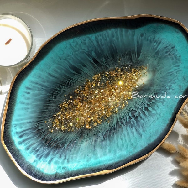 Luxury Geode Resin Light Blue and White Decorative Set of Tray and 2 ...