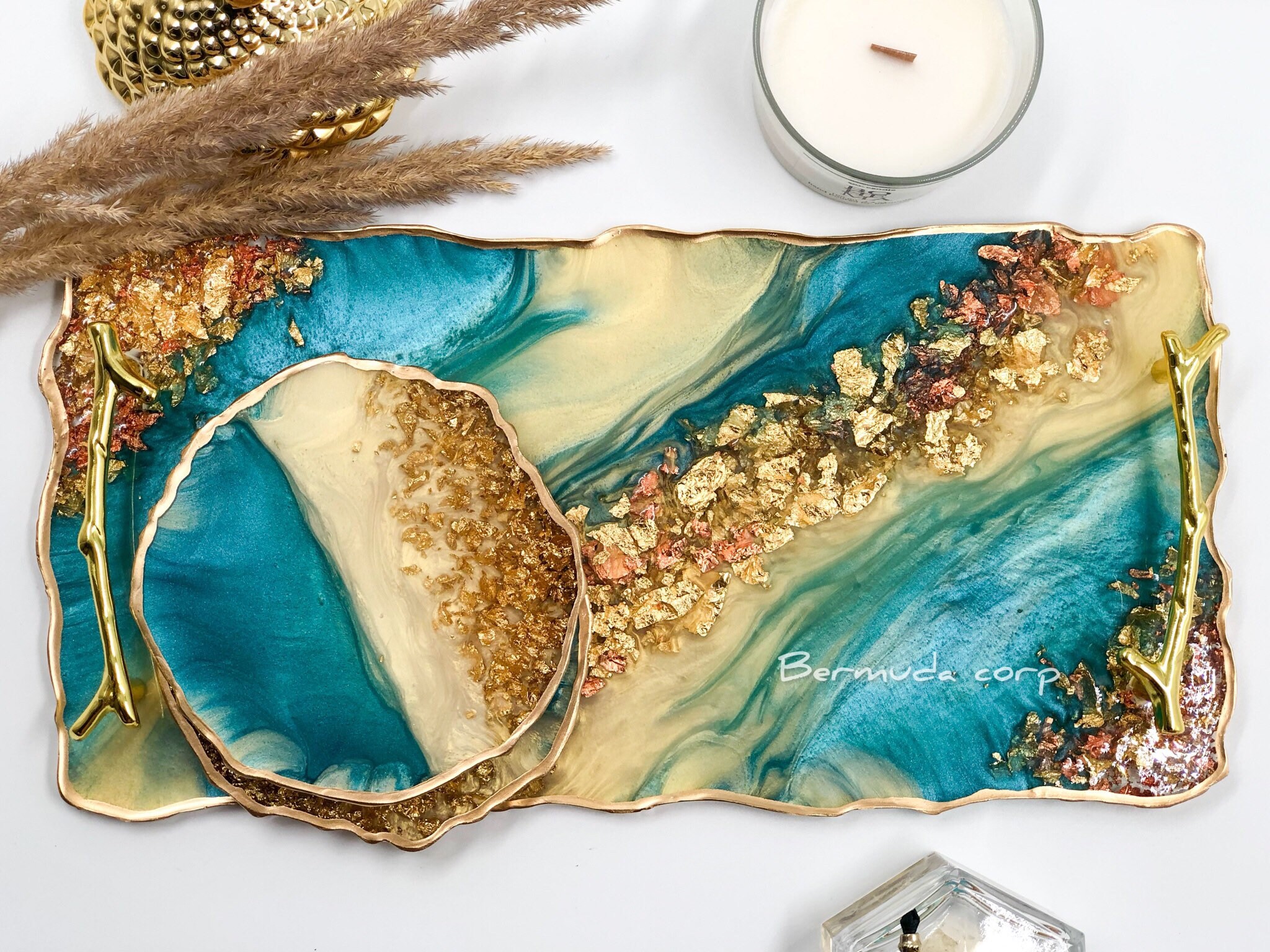 Set of Resin Tray and Round Coasters, Luxury Purple Decorative Tray ...