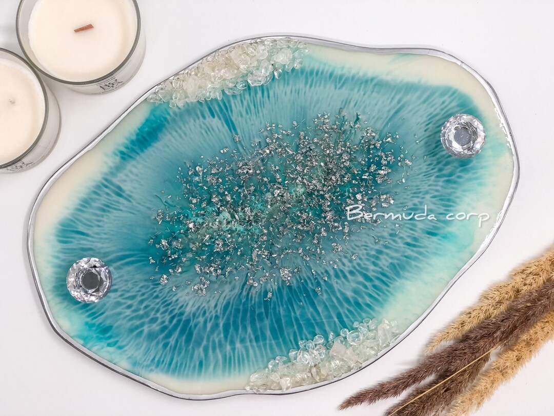 Resin Oval Blue and Silver Perfume Tray With Handles / Epoxy - Etsy