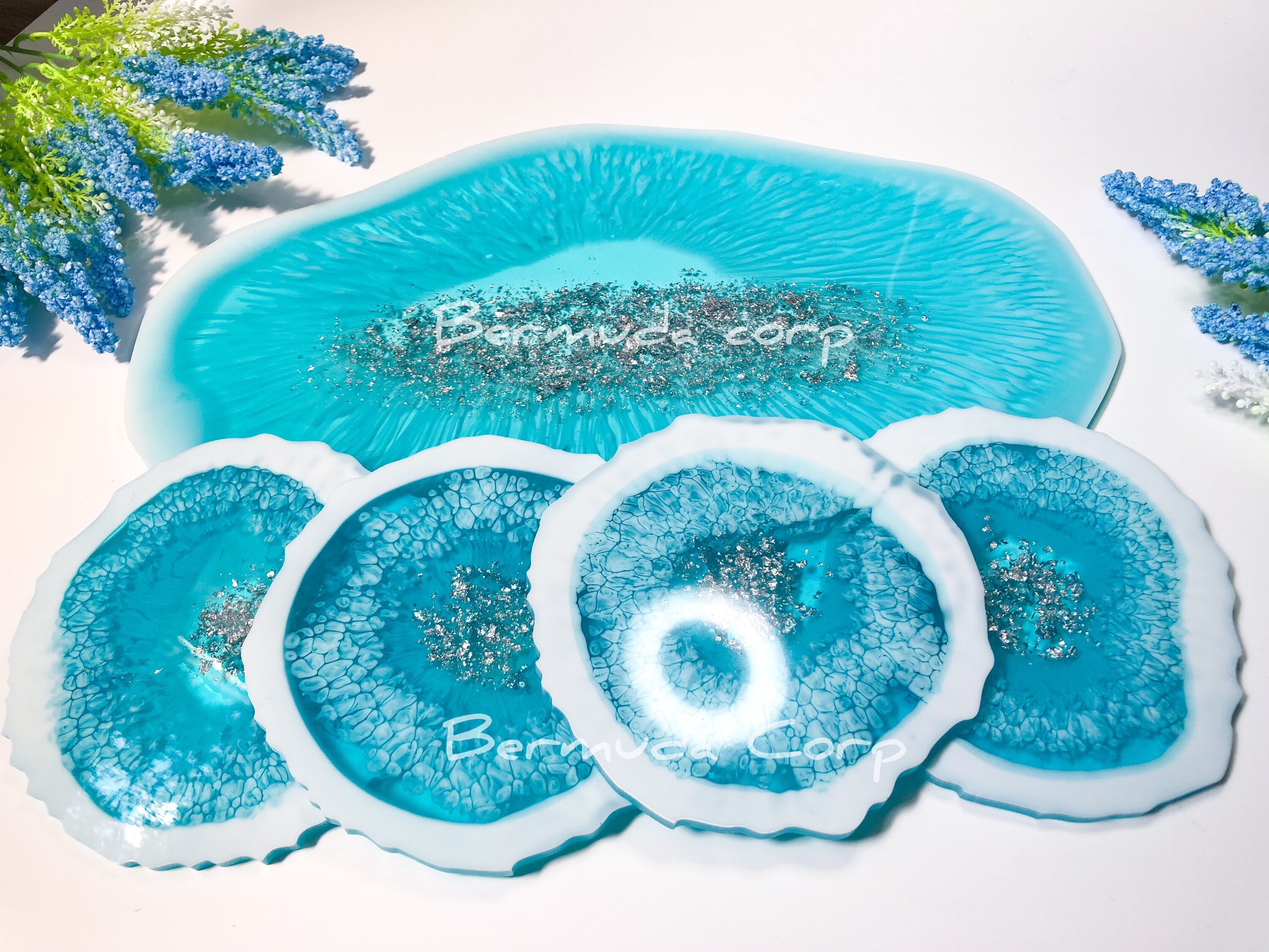 Luxury Geode Resin Light Blue and White Decorative Set of Tray - Etsy