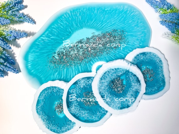 Luxury Geode Resin Light Blue and White Decorative Set of Tray - Etsy