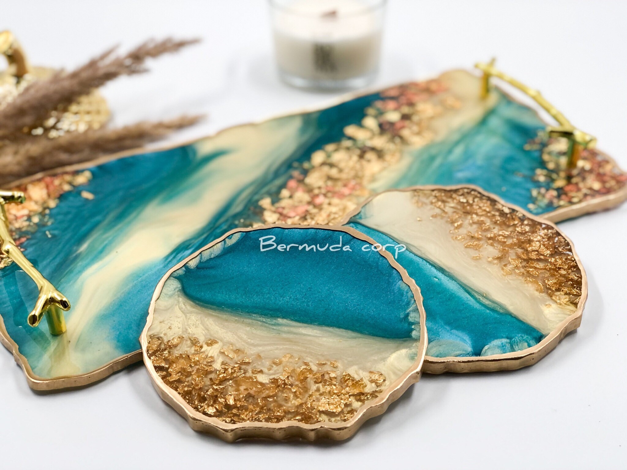 Set of Resin Tray and Round Coasters, Luxury Purple Decorative Tray ...