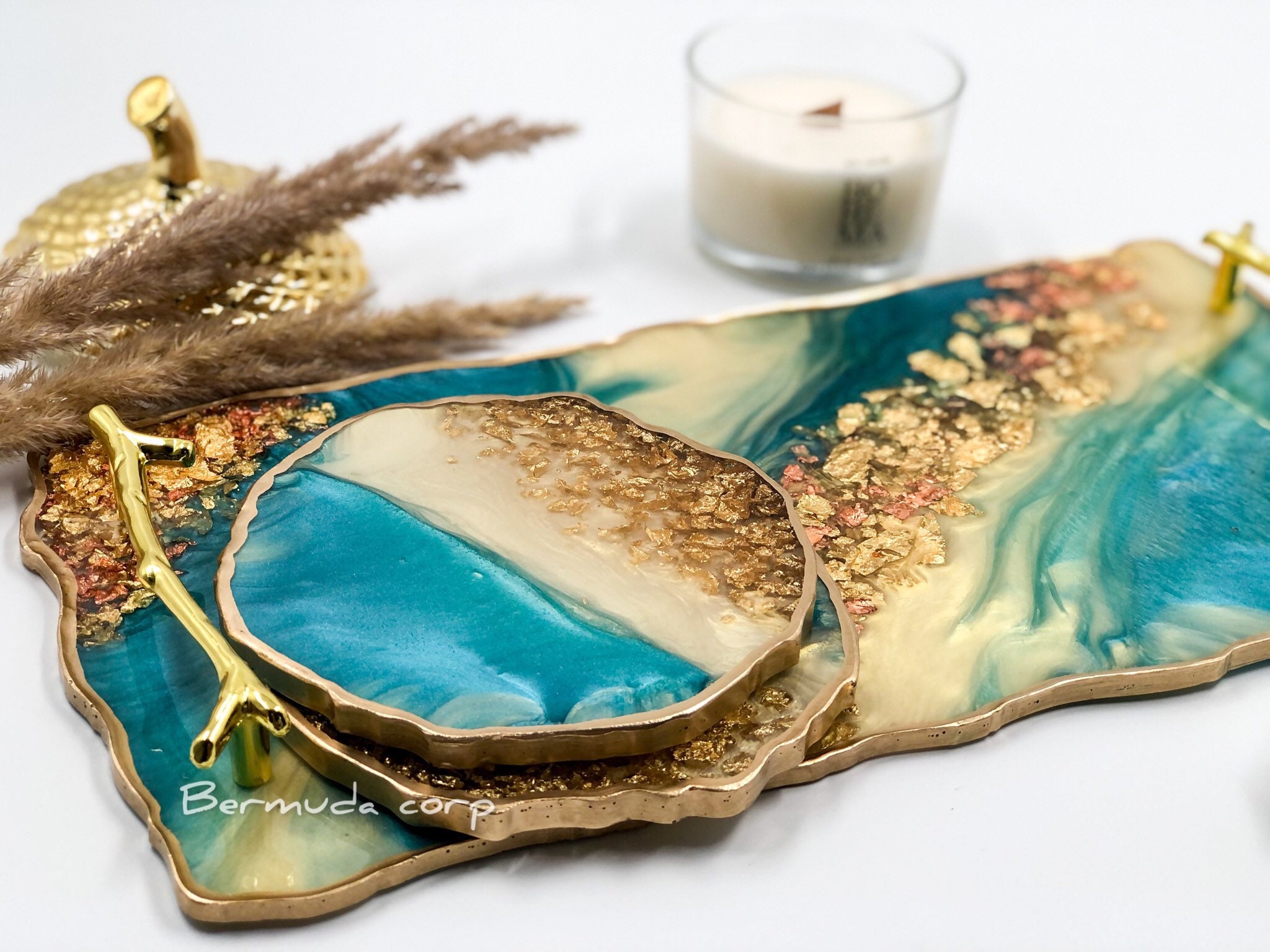 Set of Resin Tray and Round Coasters, Luxury Purple Decorative Tray ...