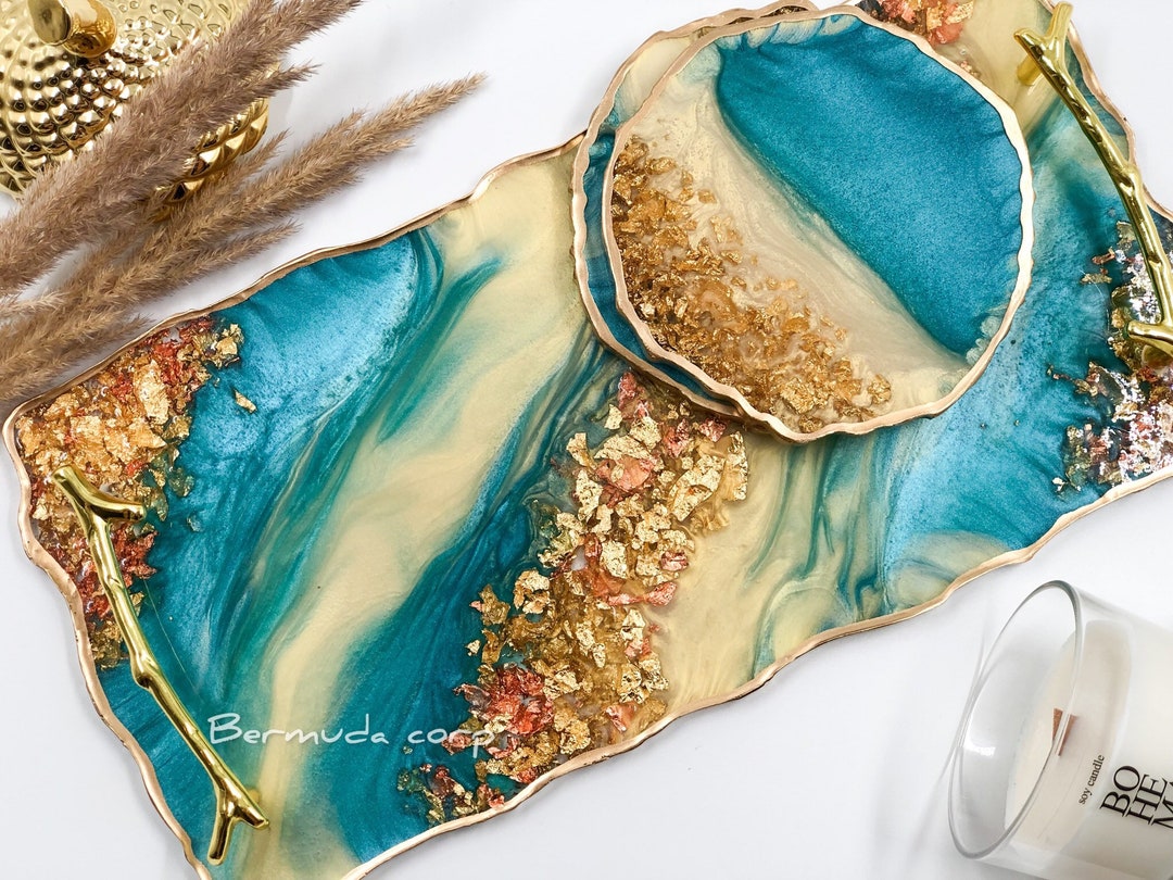 Resin Tray and Coaster Set: Teal Gold Geode, Luxury Decorative Set - Etsy