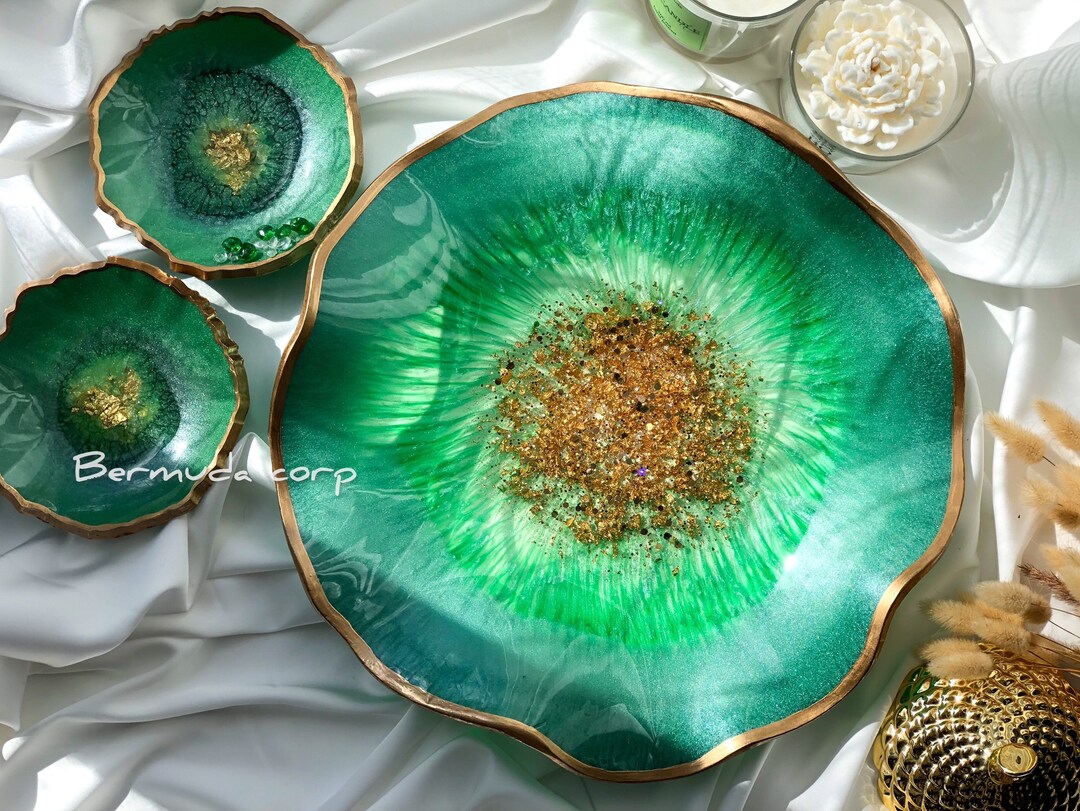 Decorative Emerald Fruit Candy Bowl Set / Set of Green and Gold Snack ...