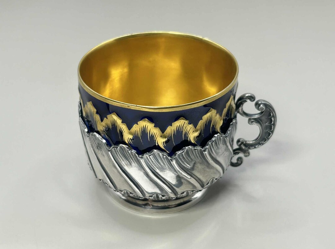 French Minerva Marked Solid Silver Cup Holder and Gilt Porcelain Cup in ...
