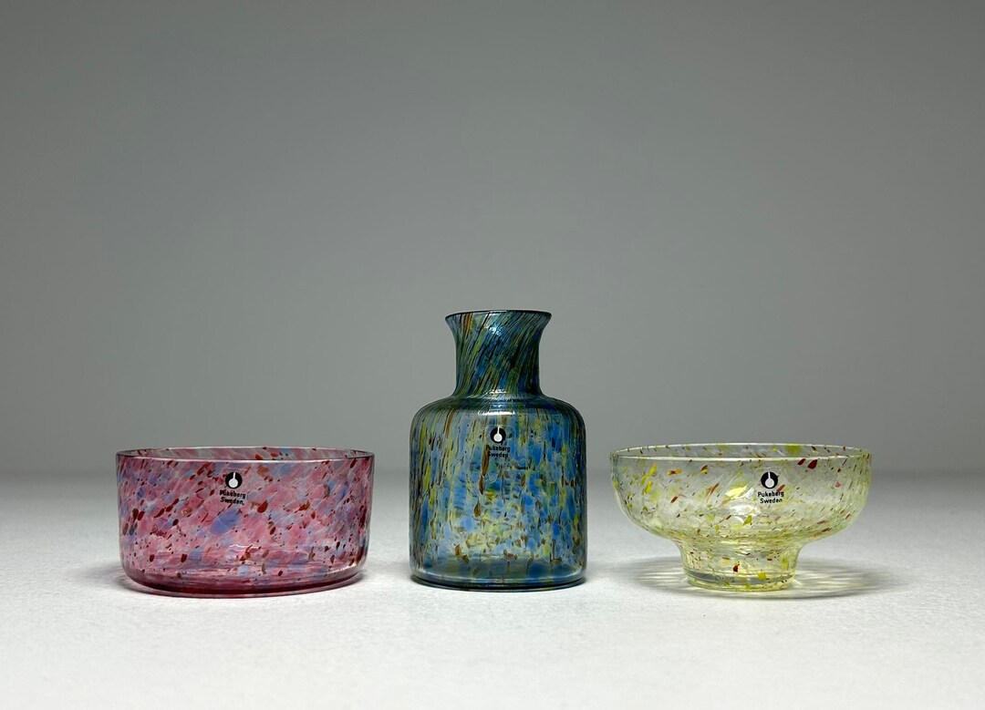 Pukeberg Sweden Art Glass Miniatures, Pukeberg Glass Vase and Bowls, Set of 3 Pukeberg Glass ...