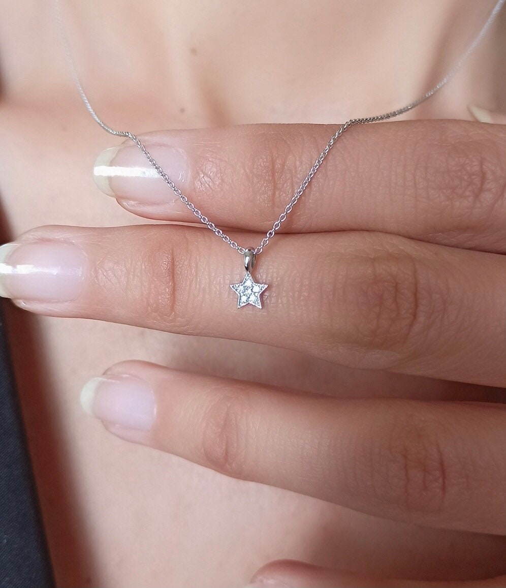 14k Solid Gold Diamond Tiny Star Necklace Gold Star Necklace - Etsy