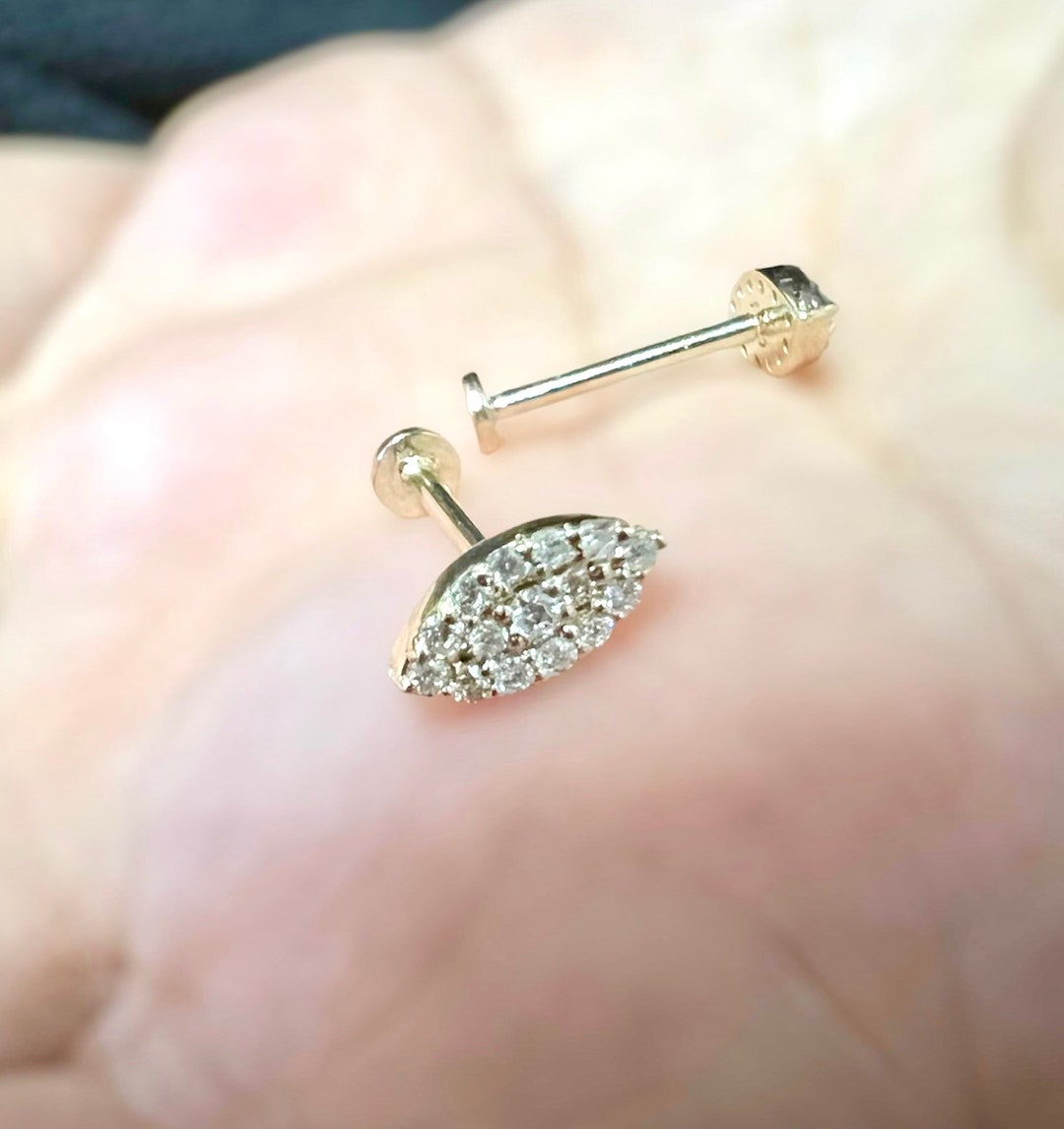 14K Solid Gold Diamond Tragus Piercing, Minimalist Stud Earring - Etsy