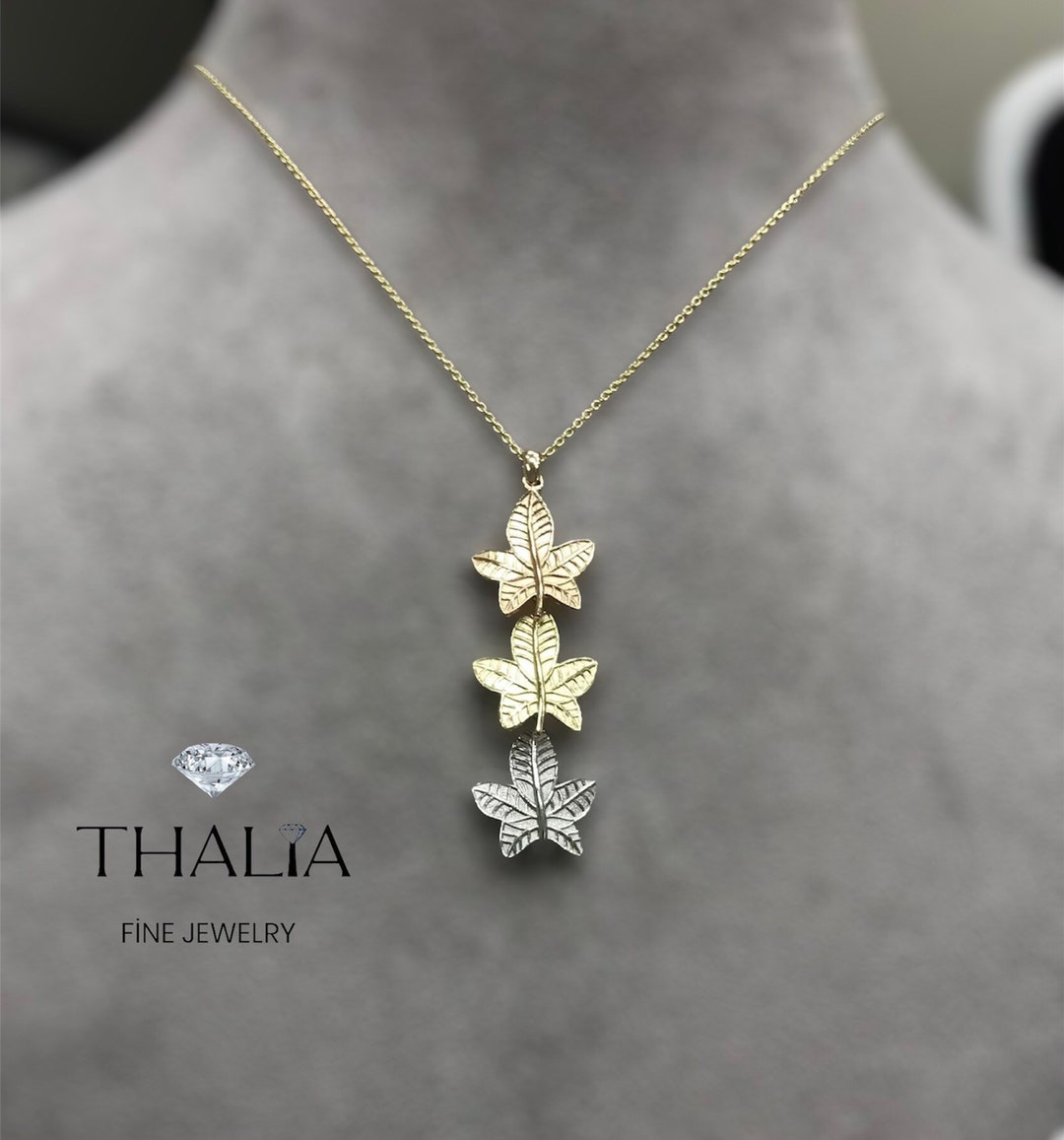 14K Solid Gold Leaf Necklace, Tricolor Nature Jewelry - Etsy