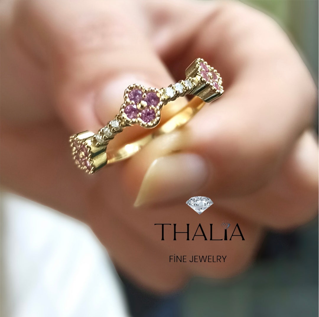 Clover Ring / Half Eternity Pink Sapphire and Diamond Ring in 14k Gold ...