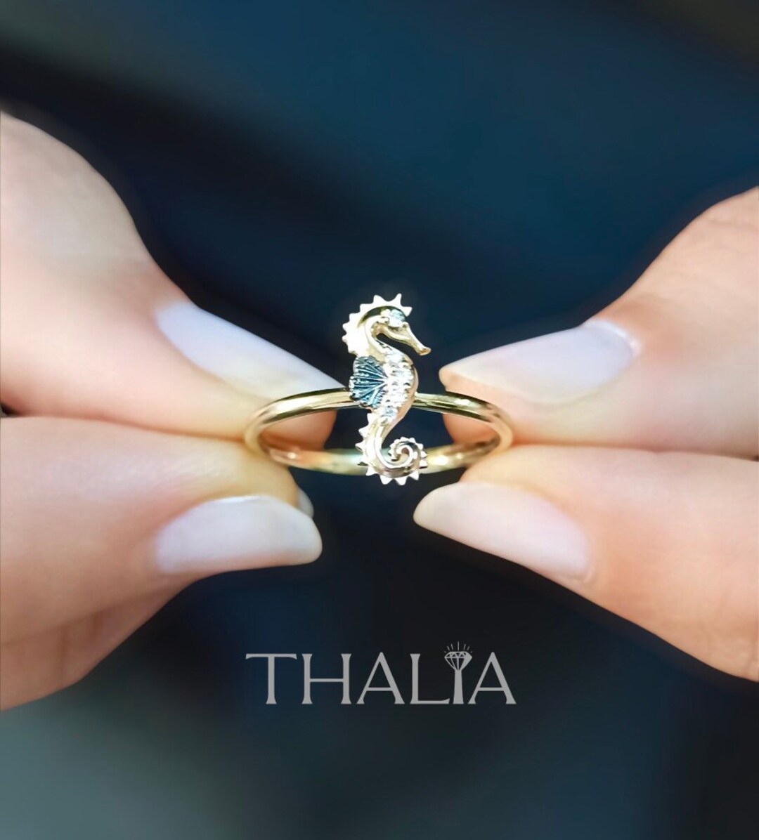 Diamond Seahorse Ring, 14K Gold Nautical Ring, Beach Jewelry - Etsy