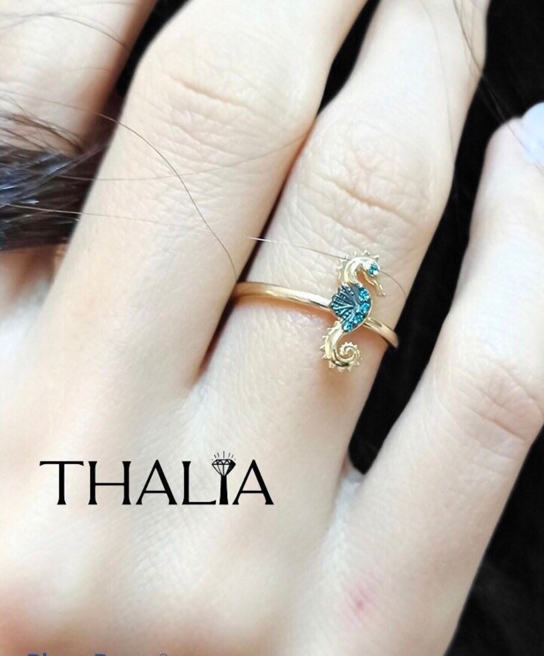 14K Gold Blue Diamond Seahorse Ring, Nautical Jewelry - Etsy