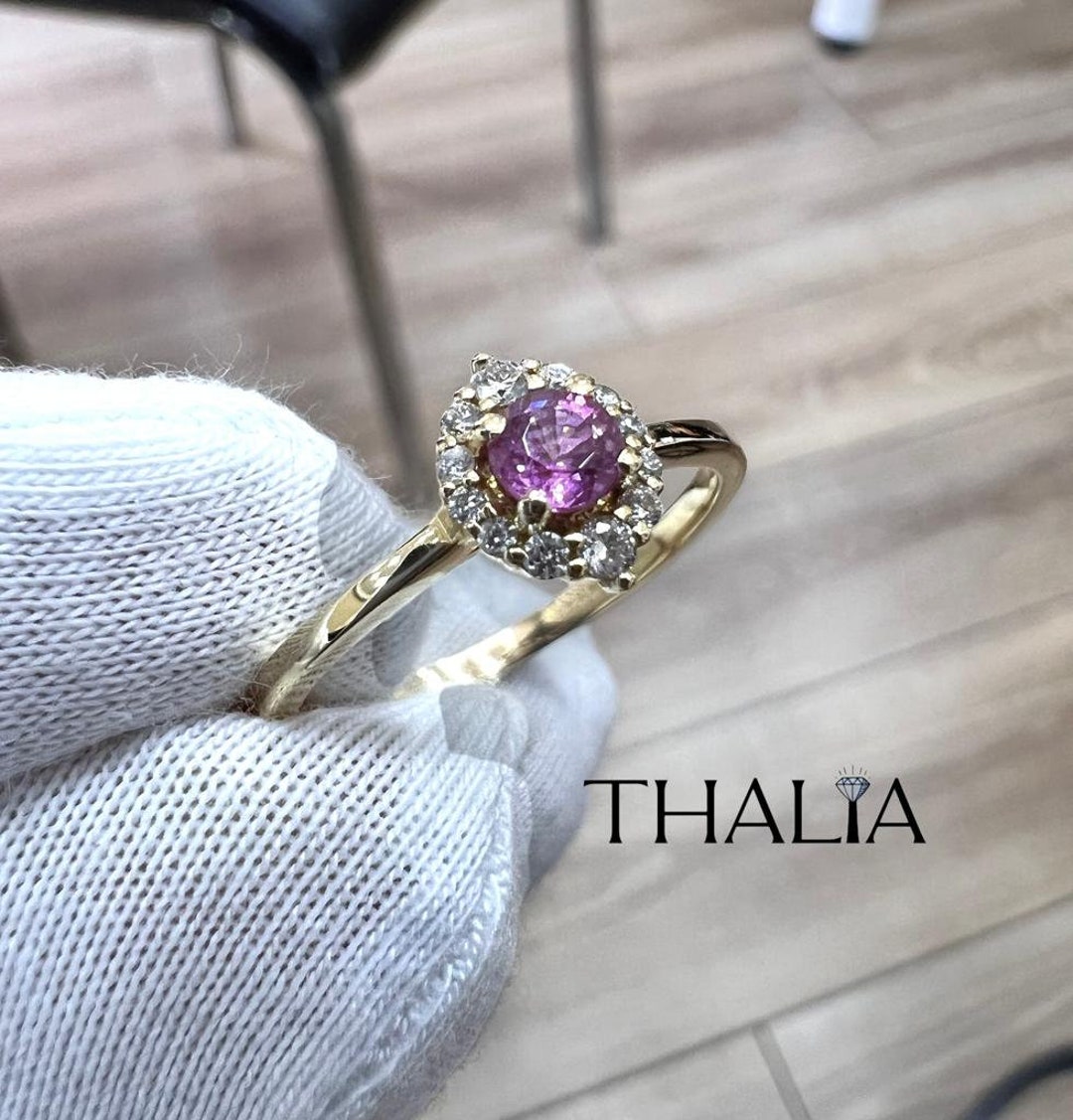 Anillo de zafiro rosa, anillo de diamantes y zafiro de oro de 14K ...