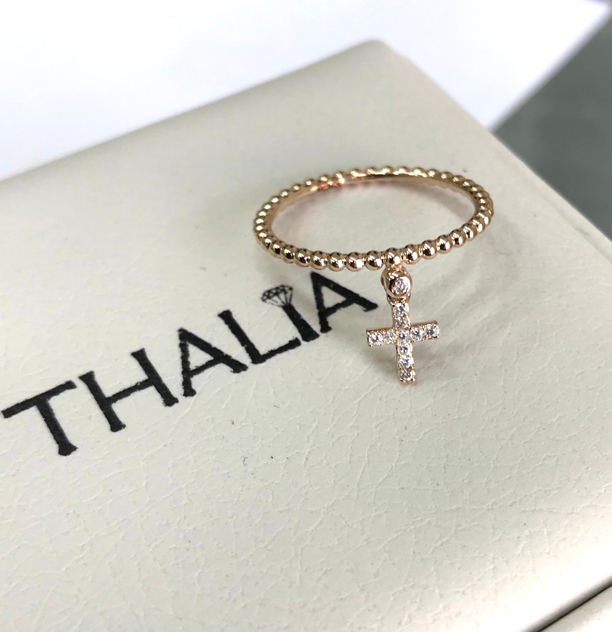 14K Gold-dangle Cross Diamond Ringcross Diamond Ringwhite - Etsy