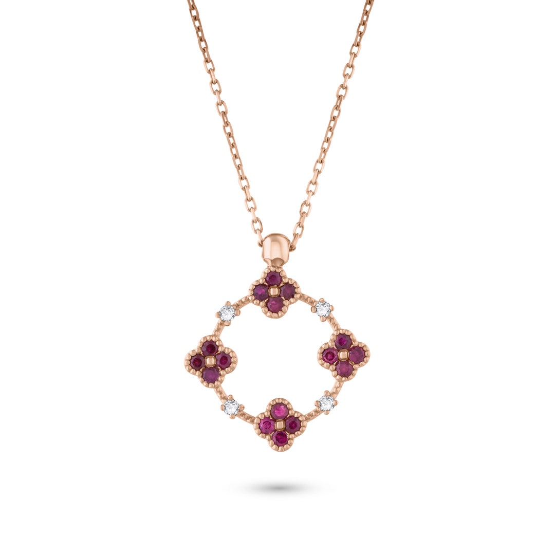 Rose Gold Ruby Floral Necklace With Diamond Accents | Handmade Ruby ...