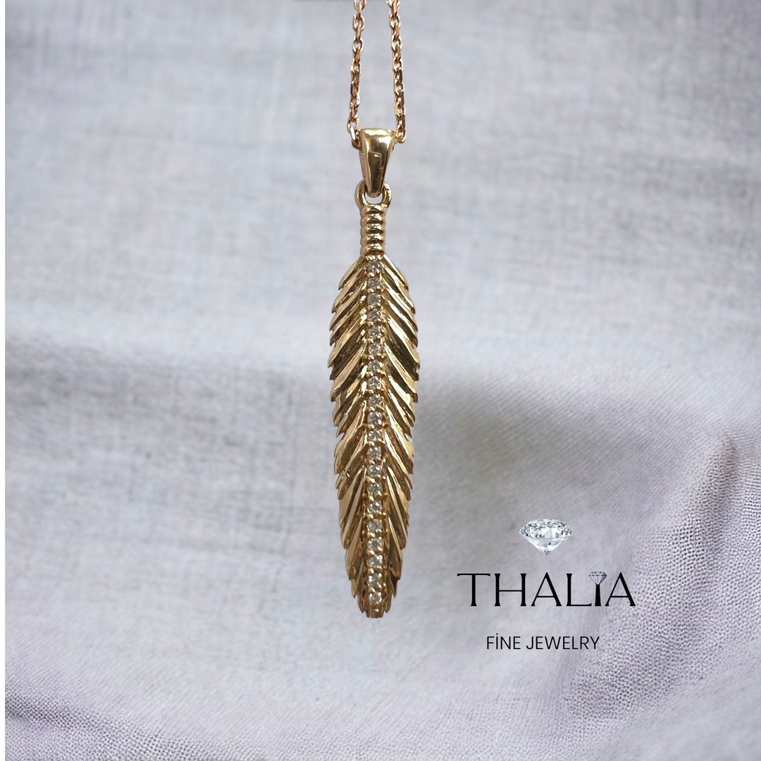 Diamond Feather Necklace,14k Gold Feather Diamond Necklace,diamond Gold ...