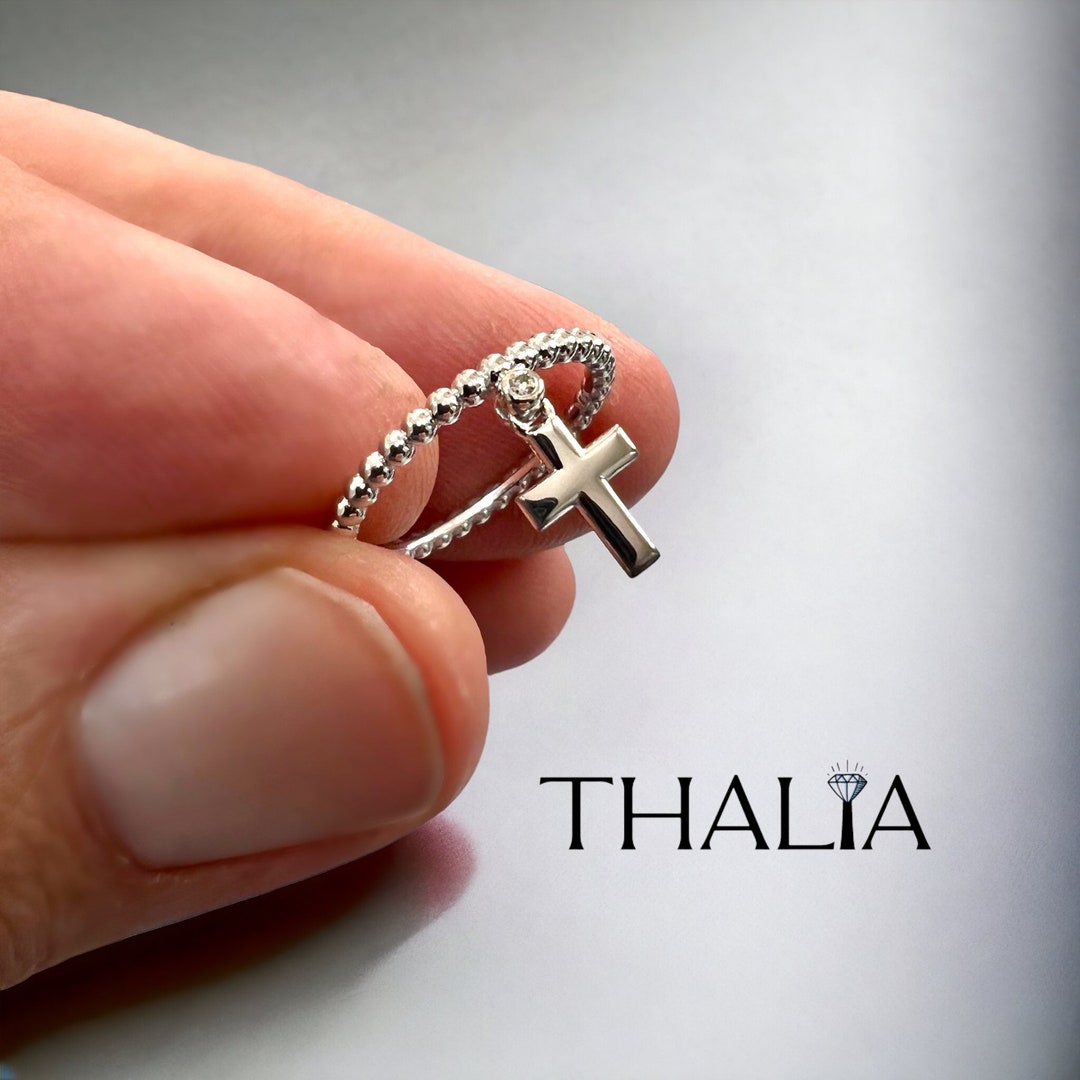 14k-gold Dangle Cross Diamond Ring,cross Diamond Ring,rose Gold Cross ...