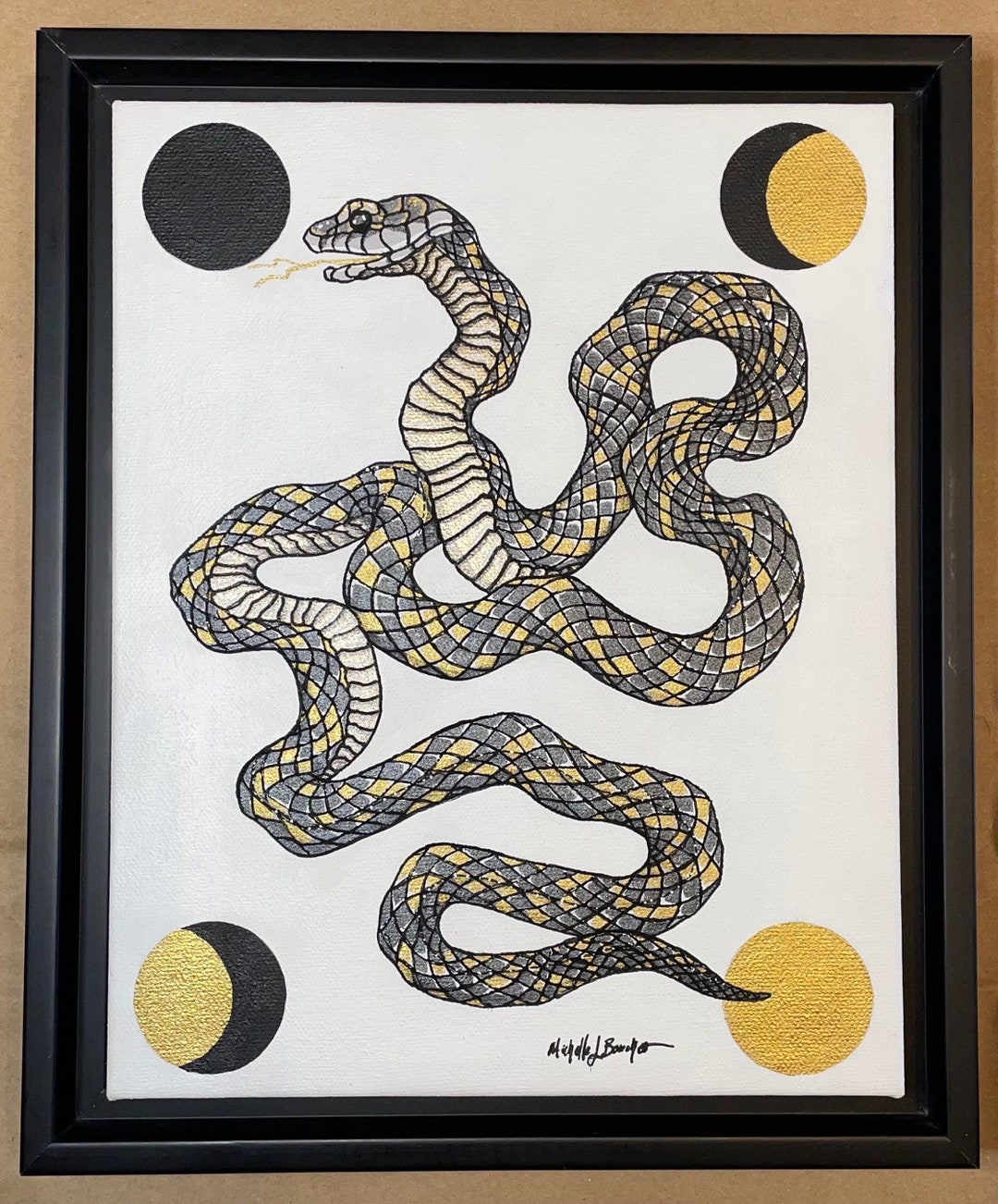 Moon Serpent Acrylic Painting, Black Frame, Snake Art (8x10) - Etsy