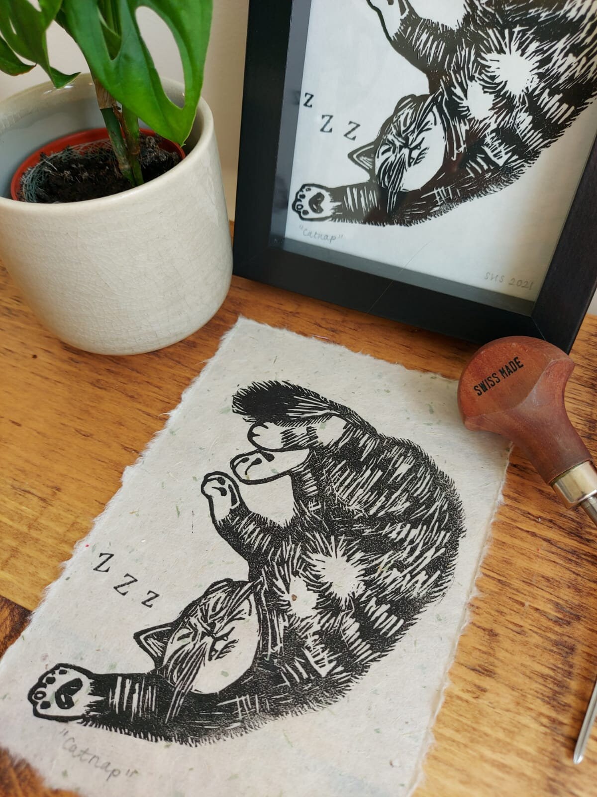 Handmade Cat Print, Linocut Cat, Sleepy Cat Art, Lazy Cat Lino Print ...