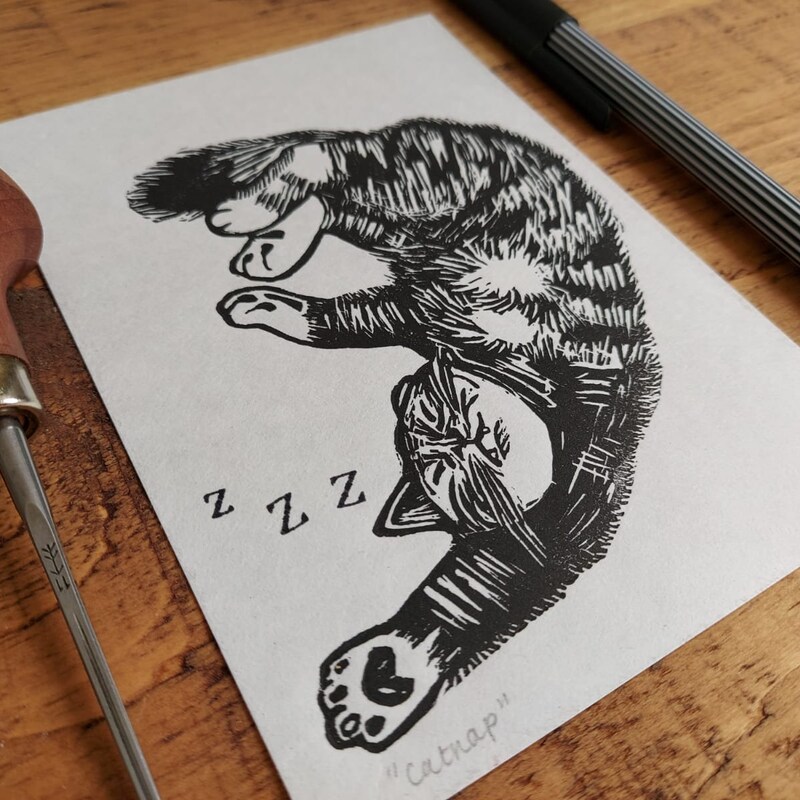 Cat Lino Print - Etsy UK