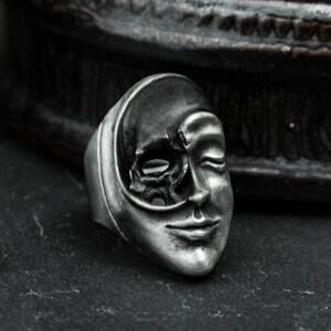 925 Sterling Silver Yin Yang Face Ring, Half Skull Face Ring, Art Deco ...