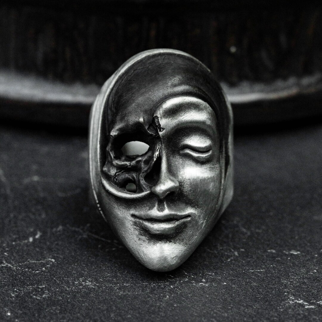 925 Sterling Silver Yin Yang Face Ring, Half Skull Face Ring, Art Deco ...