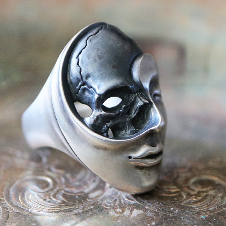 925 Sterling Silver Yin Yang Face Ring Half Skull Face Ring - Etsy