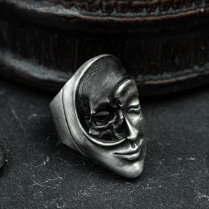 925 Sterling Silver Yin Yang Face Ring, Half Skull Face Ring, Art Deco ...