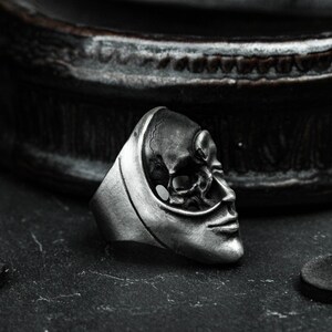 925 Sterling Silver Yin Yang Face Ring, Half Skull Face Ring, Art Deco ...