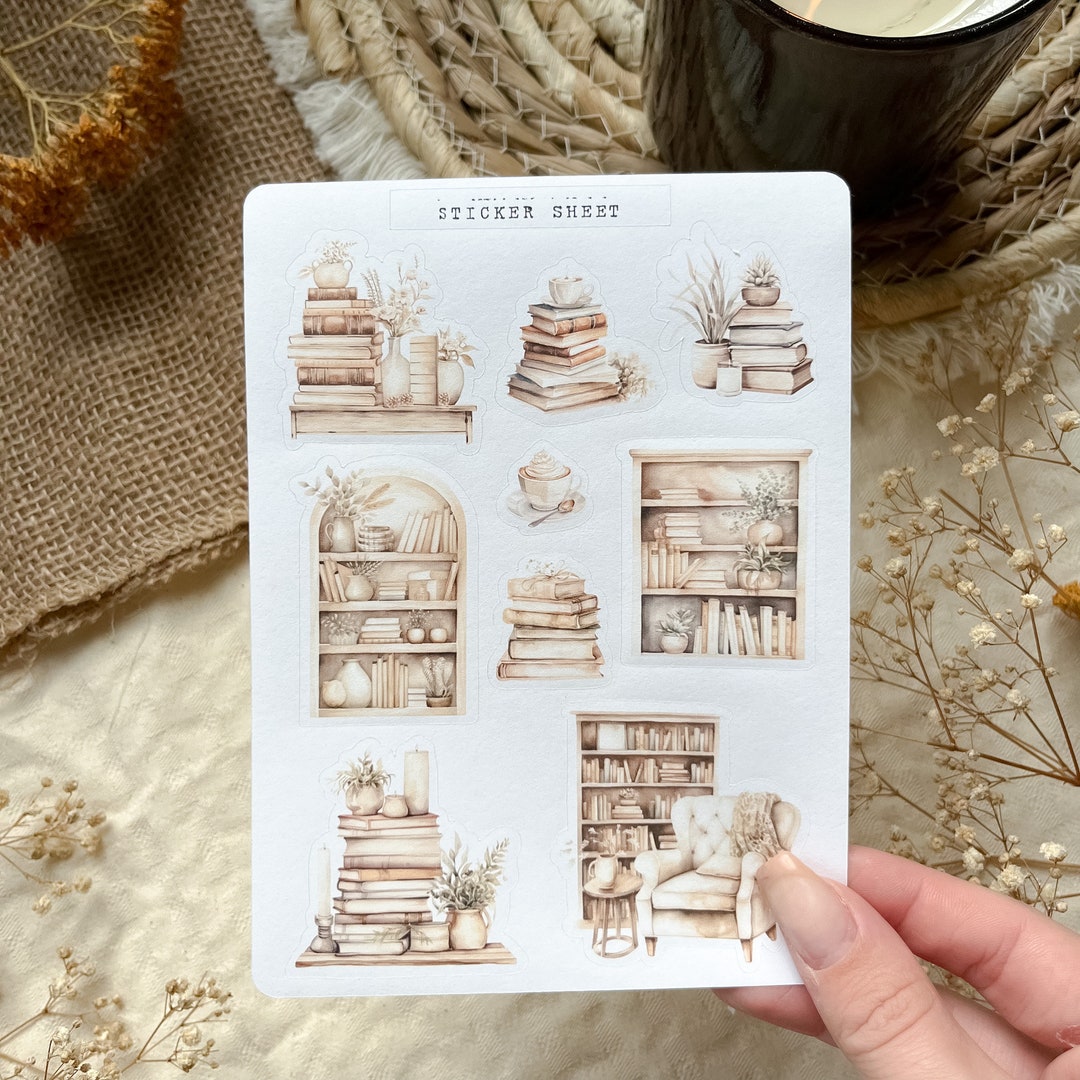 Books and Bookshelves Sticker Sheet, Book Stickers, Reading Journal ...
