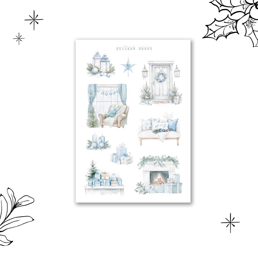 Blue Christmas Sticker Sheet, Winter Stationery, Christmas Sticker ...