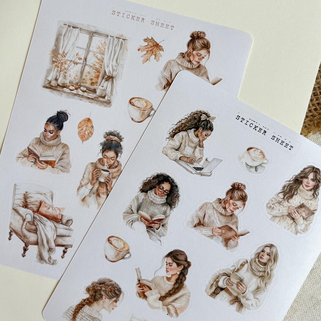 Autumn Reading Girls Sticker Sheet for Journaling, Autumn Stationery ...