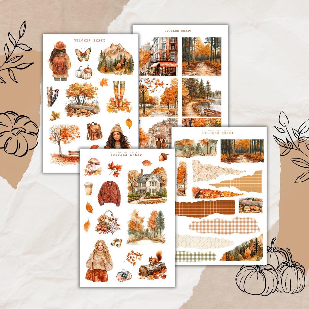 Autumn walk sticker sheet bundle, autumn sticker, planner sticker, fall ...