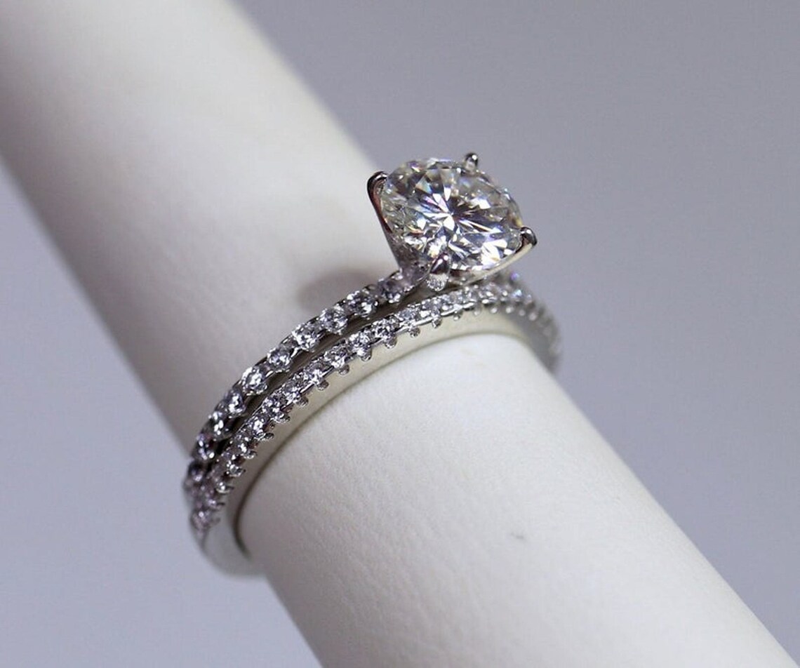 Round Moissanite Engagement Ring Set Eternity Band Ring | Etsy